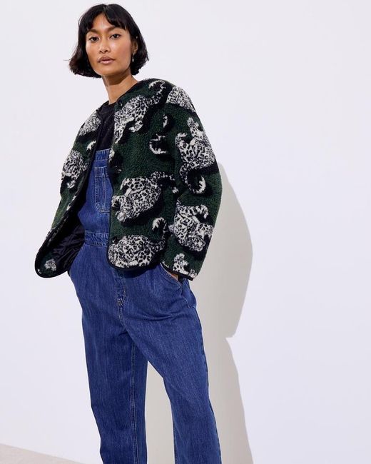 Oliver Bonas Leopard Borg Jacket in Blue | Lyst