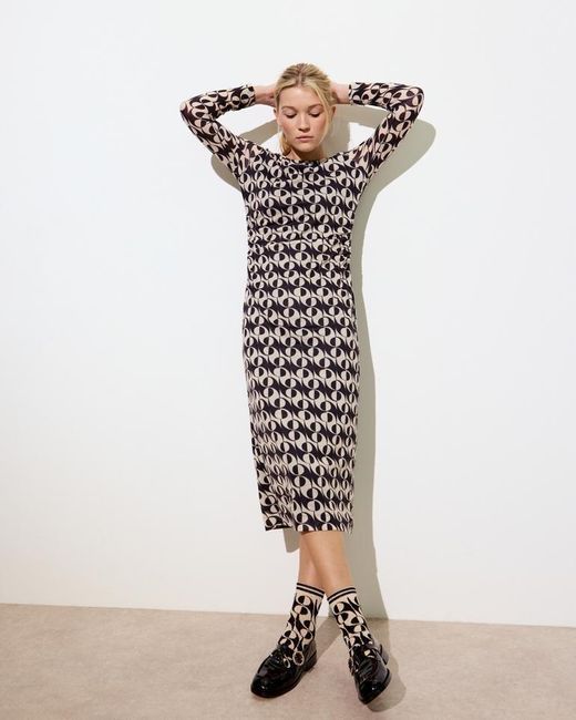 Oliver Bonas Abstract Print Monochrome Mesh Midi Dress in White | Lyst