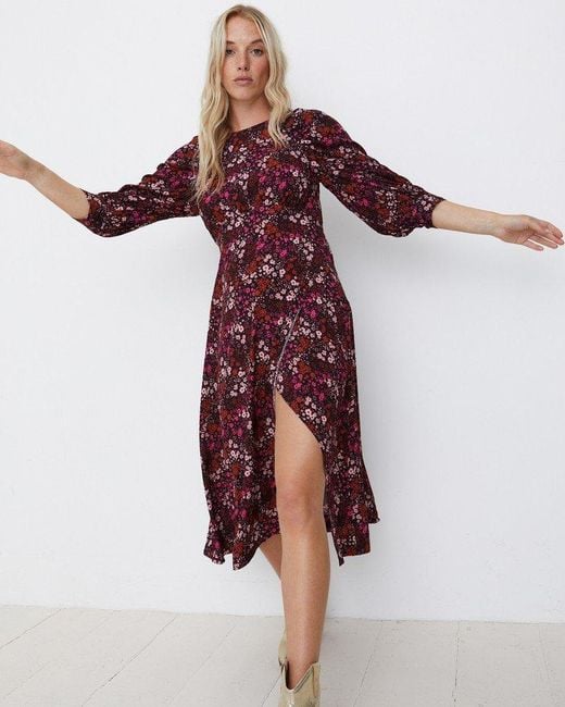 Oliver Bonas Cluster Floral Print Pink Midi Dress In Black Red Lyst