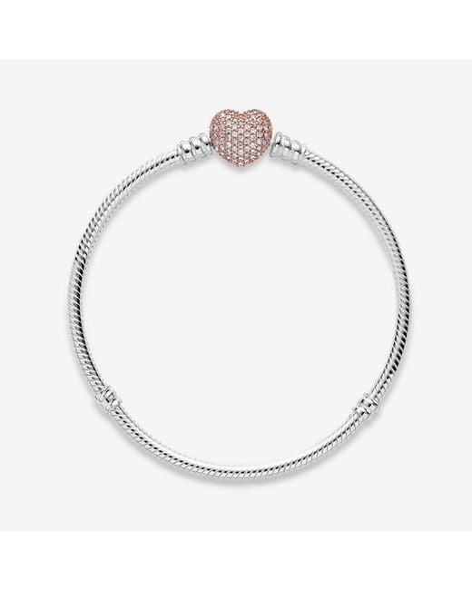 PANDORA Pavé Heart Clasp Snake Chain Bracelet in Metallic | Lyst UK