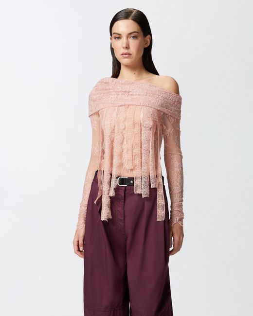 Pinko Sheer Lace Bodysuit With Open Shoulders in Pink | Lyst