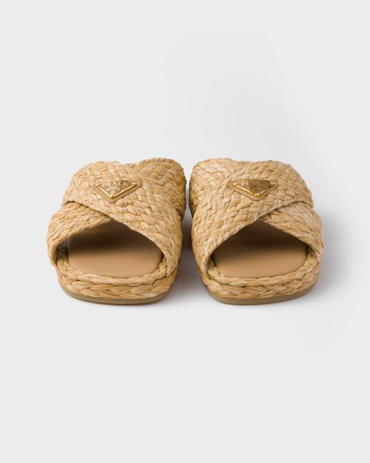 Prada Raffia Crisscross Slides in Natural | Lyst