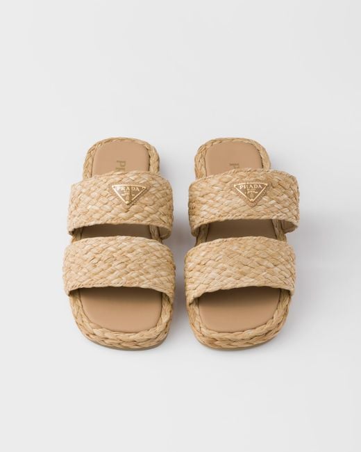 Prada Raffia Slides in Natural | Lyst