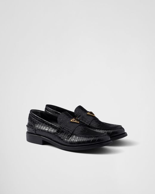 Prada Croco-Print Leather Loafers in Black | Lyst