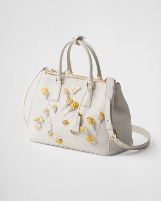 Prada Large Galleria Leather Bag With Floral Appliqués in White | Lyst