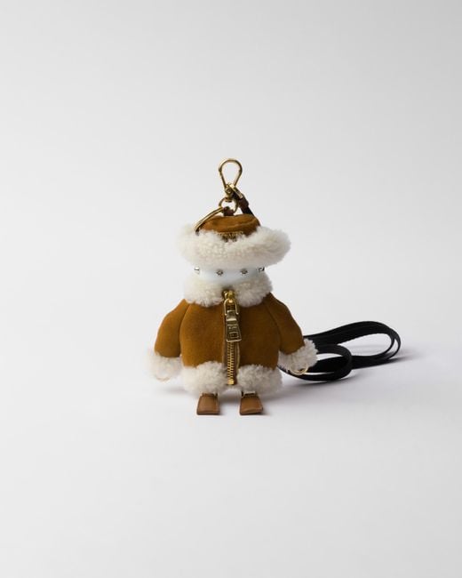 Prada Soft Robot Shearling Bag Charm in White | Lyst