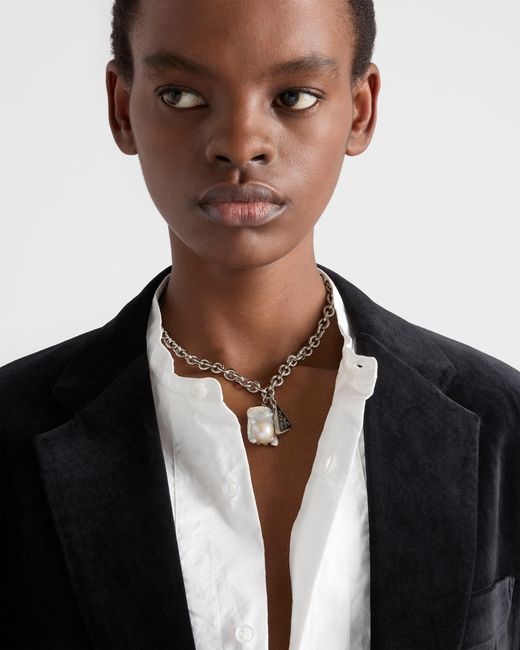 Prada Metal Necklace With Pearl | Lyst UK