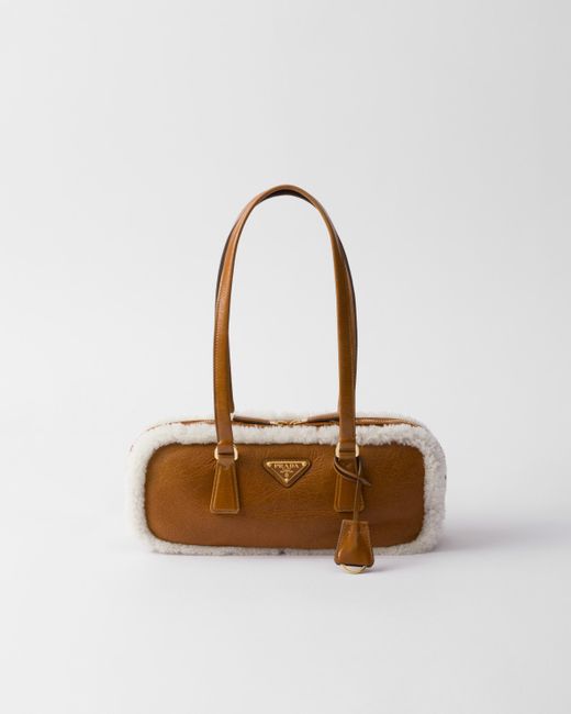 Prada Medium Shearling Two-Handle Bag in White | Lyst