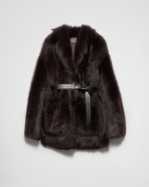 Prada Belted Shearling Caban Jacket in Black | Lyst