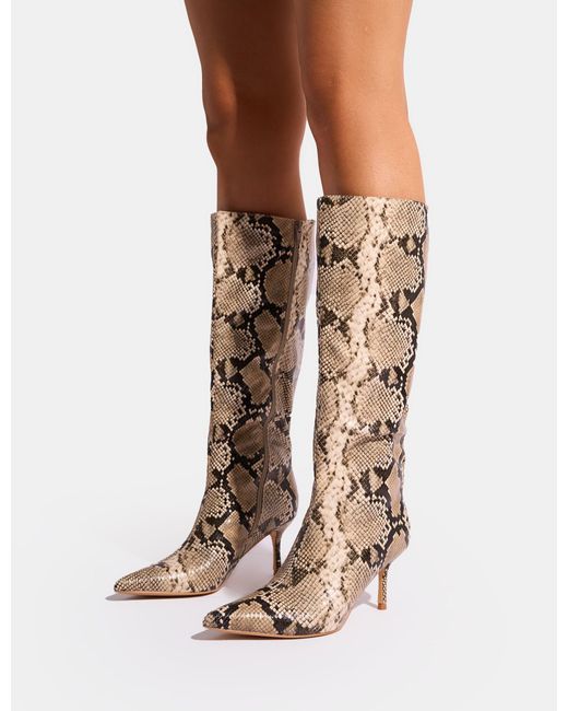 Public Desire Amped Snake Pointed Toe Mid Heel Knee High Boots in White ...