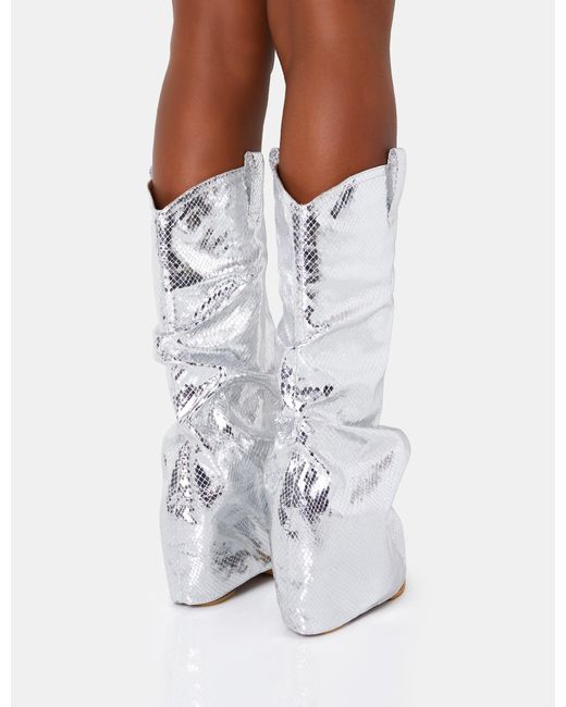 Public Desire Sheriff Silver Metallic Western Fold Over Block Cowboy ...