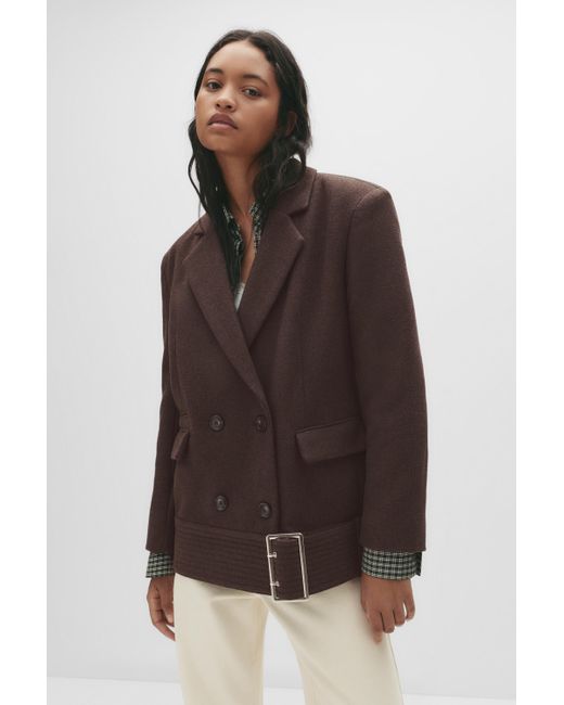 Pull&Bear Short Felt Texture Coat With Belt in Brown | Lyst UK