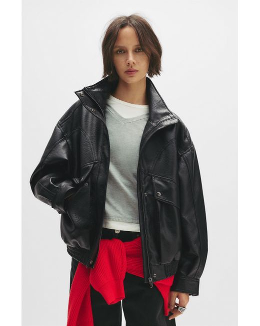 Pull&Bear Leather Effect Bomber Jacket in Grey | Lyst UK