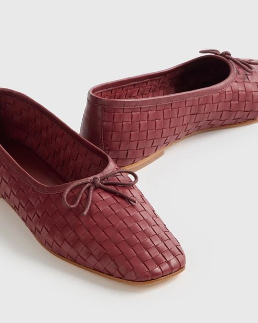 Quince Italian Leather Handwoven Square Toe Ballet Flat in Red | Lyst