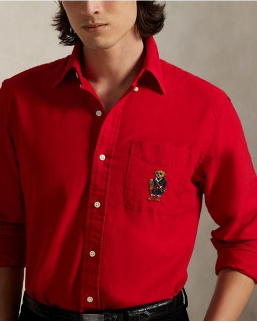 Polo Ralph Lauren Custom Fit Polo Bear Oxford Shirt in Red for Men | Lyst UK