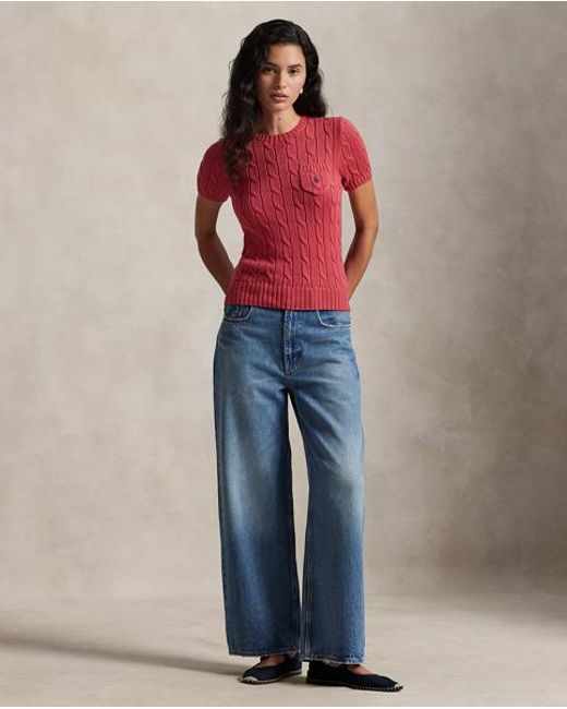 Polo Ralph Lauren Cable-Knit Cotton Short-Sleeve Jumper in Red | Lyst UK