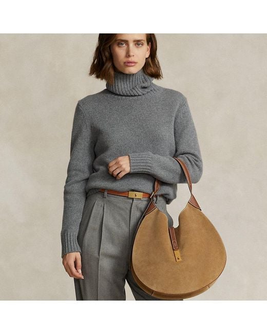 Ralph Lauren Polo Id Suede-leather Large Shoulder Bag in Gray | Lyst
