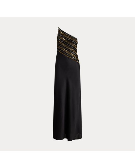 Ralph Lauren Beaded Mesh & Satin One-Shoulder Gown in Black | Lyst UK