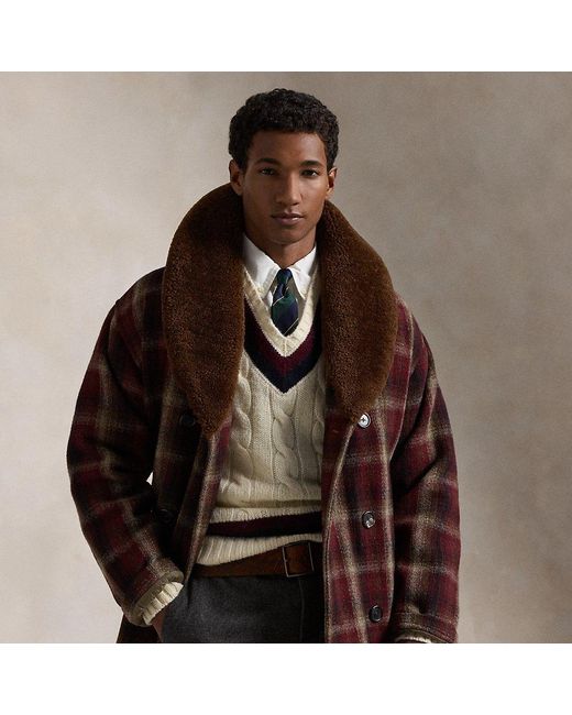 Ralph Lauren Shearling-Collar Plaid Wool Ranch Coat in Brown for Men | Lyst