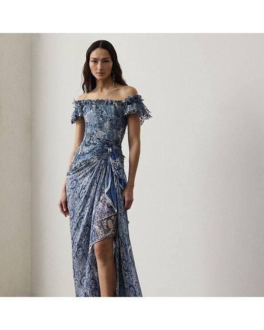Ralph Lauren Ivanna Floral Gauze Evening Dress in Blue | Lyst UK