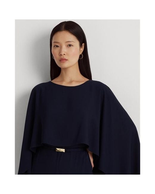 Ralph Lauren Belted Cape Georgette Jumpsuit in Blue | Lyst