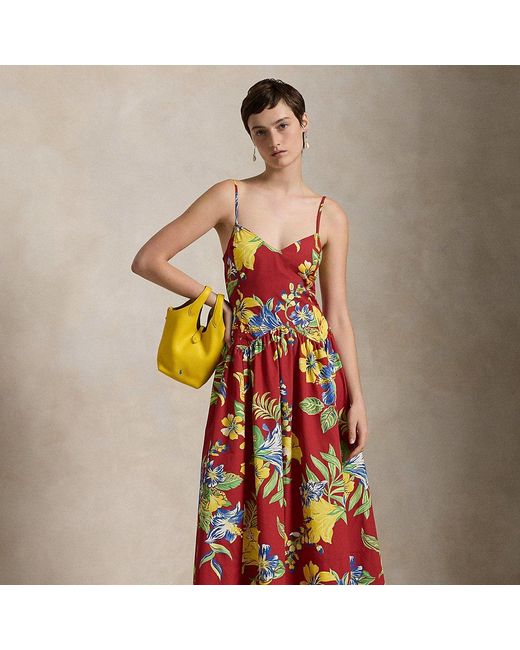 Polo Ralph Lauren Tropical-Floral Cotton Poplin Dress in Red | Lyst