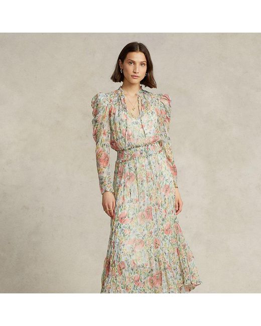 Ralph Lauren Synthetic Sheer Floral Crinkled Dress In Rose Floral Natural Lyst