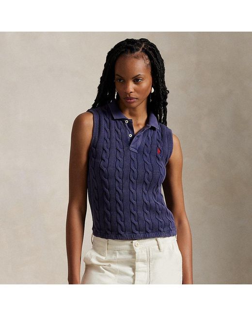 Ralph Lauren Cable-Knit Cropped Polo Shirt in Blue | Lyst