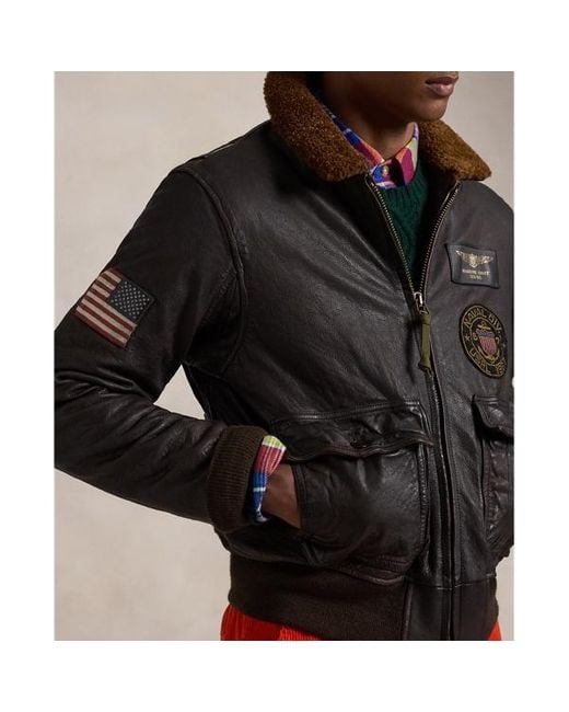Polo Ralph Lauren Shearling-collar Leather Bomber Jacket in Black for Men | Lyst UK