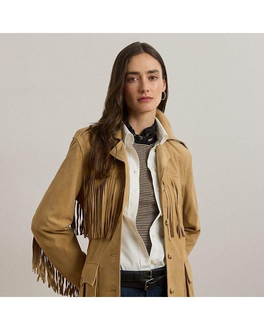 Ralph Lauren Fringe-Trim Belted Goat-Suede Jacket in Brown | Lyst