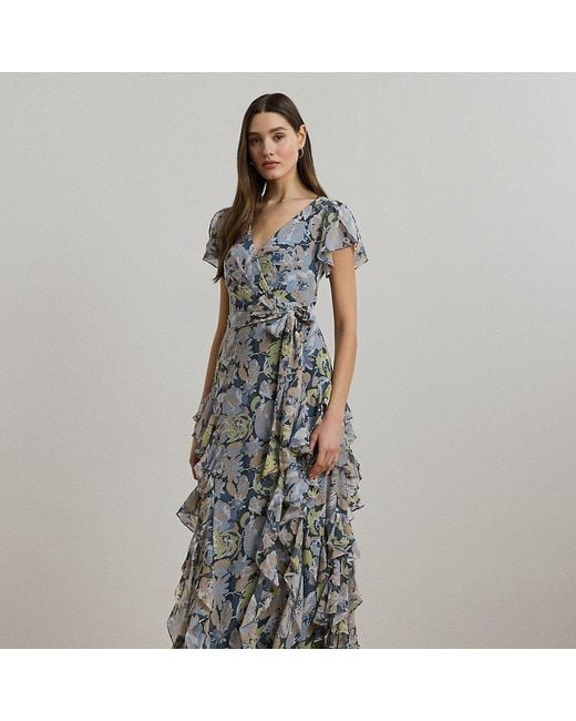 Ralph Lauren Floral Ruffle-Trim Georgette Gown in Gray | Lyst