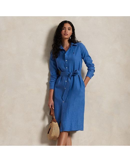 Polo Ralph Lauren Belted Linen Shirtdress in Blue | Lyst
