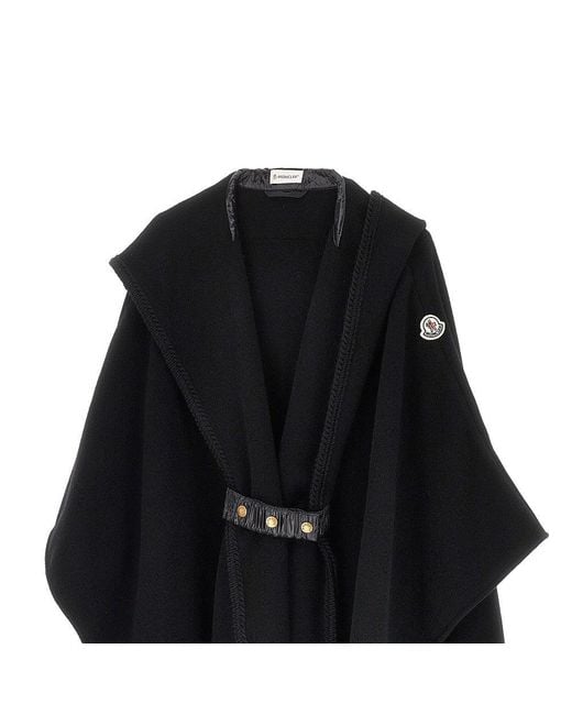 Moncler Wool Hooded Cape With Belt in Black | Lyst UK