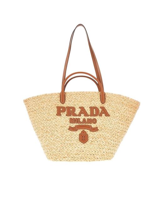 Prada Raffia Shopping Bag With Logo in Metallic | Lyst UK