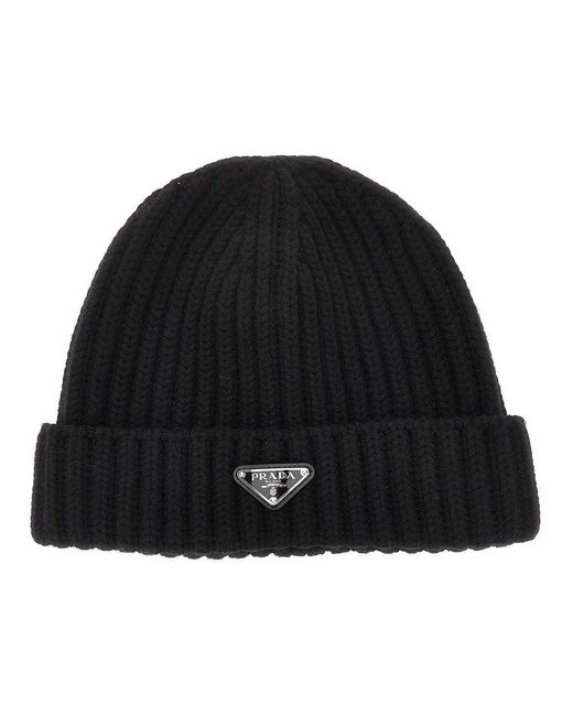 Prada Wool Beanie Hat With Triangle Logo in Black for Men | Lyst UK