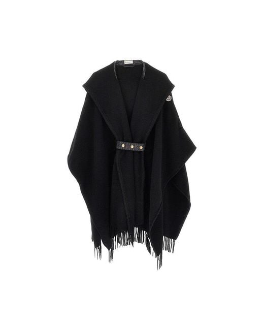 Moncler Wool Hooded Cape With Belt in Black | Lyst UK
