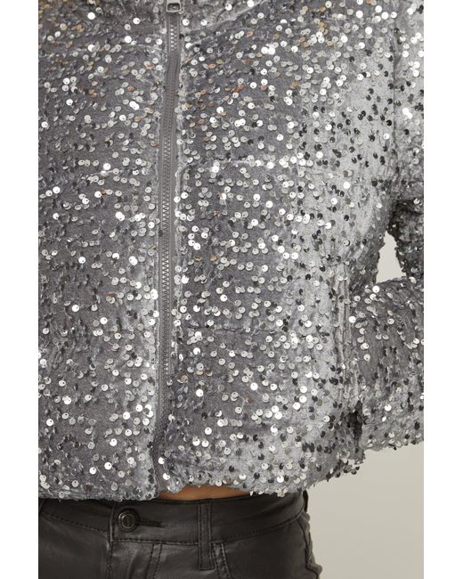 Rebellious Fashion Sequin Cropped Puffer Jacket in Grey | Lyst UK