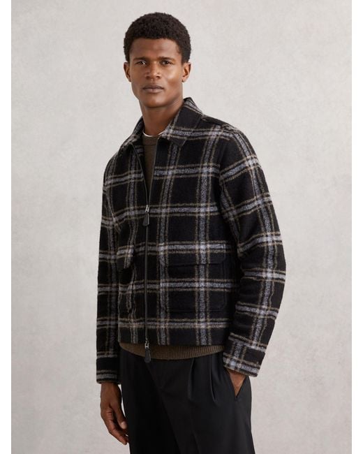 Reiss Zip-Through Check Overshirt With Wool in Black for Men | Lyst
