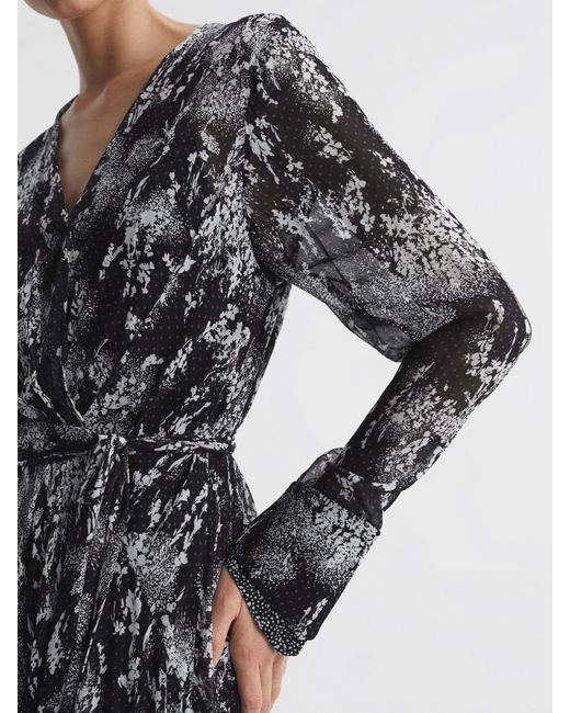 Reiss Callie - Black Belted Ruffle Printed Midi Dress, Us 2 | Lyst