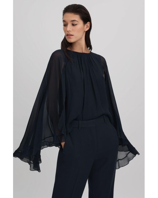 Reiss Francesca - Navy Pleated Cape Style Top, 6 in Blue | Lyst