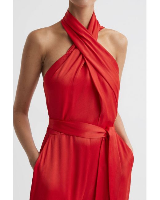 Reiss Jules Red Satin Halter Neck Fitted Jumpsuit Lyst