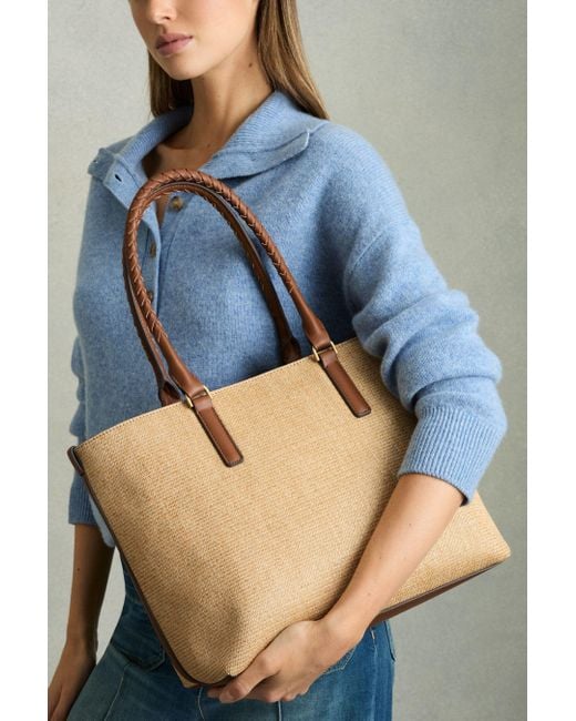 Reiss Noelle - Tan Raffia Braided Strap Tote Bag, One in Natural | Lyst