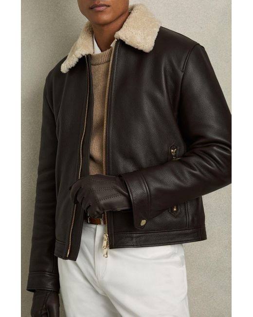 Reiss Dark Leather Zip-Side Gloves in Black for Men | Lyst UK