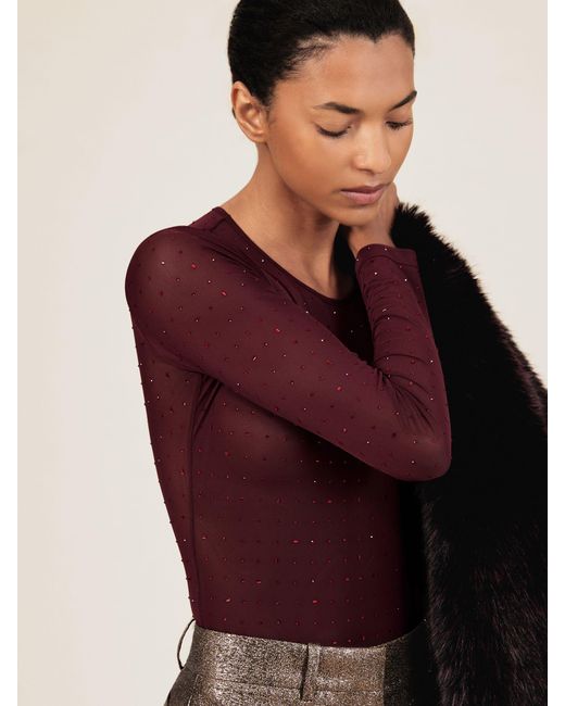 Reiss Crystal-Embellished Mesh Bodysuit in Red | Lyst UK