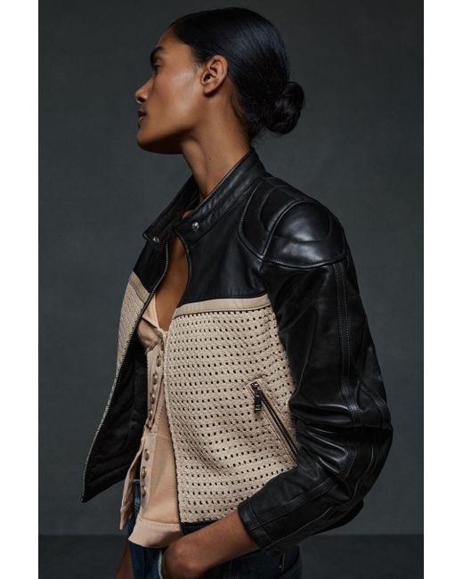 Reiss Atelier Leather Woven Biker Jacket in Black | Lyst UK