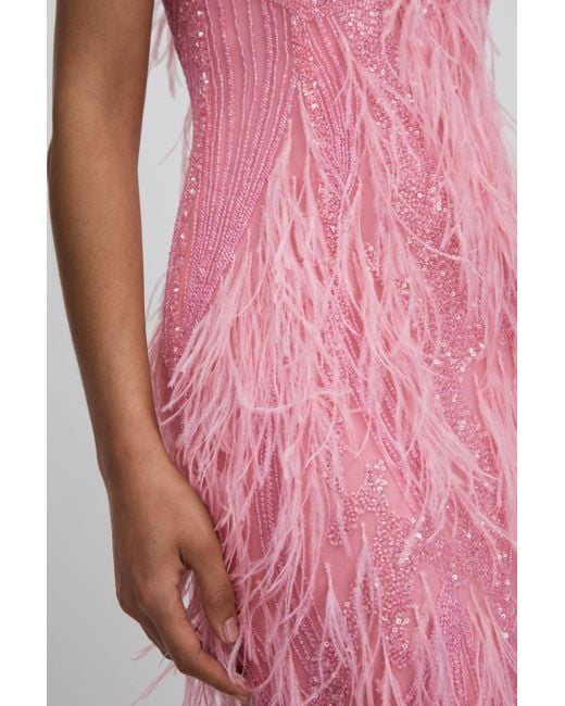 Rachel Gilbert Rachel Sequin Feather Midi Dress in Pink | Lyst