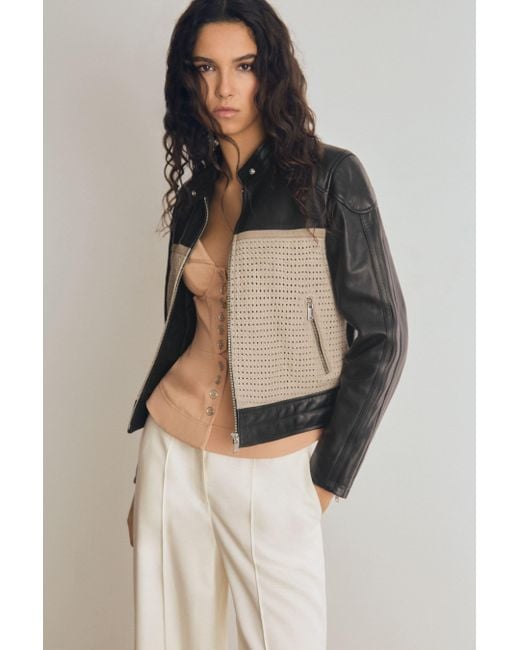 Reiss Atelier Leather Woven Biker Jacket in Black | Lyst UK