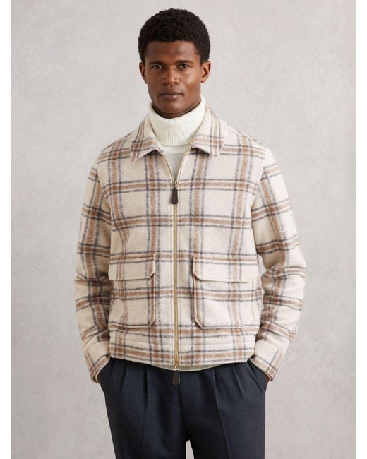 Reiss Zip-Through Check Overshirt With Wool in Natural for Men | Lyst