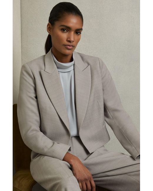 Reiss Double-Breasted Cropped Wool-Blend Blazer in Brown | Lyst