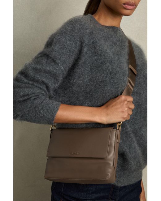 Reiss Selena - Taupe Leather Flap Crossbody Bag, One in Brown | Lyst
